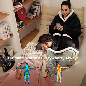 Bedsure Blanket Hoodie, Wearable Blanket for Adult & Kids as Gifts for Women Men, Birthday Gifts for Women Mom Sherpa Hoodie, Black, Oversize