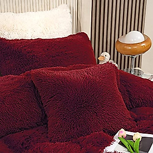 Dekoresyon Plush Duvet Cover Set, Luxury Ultra Soft Velvet Duvet Cover Set Fluffy Plush Shaggy Bedding Sets 4 Pieces (1 Duvet Cover + 2 Pillow Case + 1 Pillow Cover) Zipper Closure (Queen, Red)