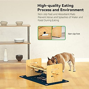 Upgraded Elevated Dog Bowls for Small Size Dogs and Cats - Adjustable Bamboo Raised Dog Bowl Stand with Highly Absorbent Spill Proof Mat and 2 Stainless Steel Pet Dog Puppy Food Water Bowls