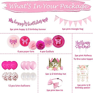 Half Birthday Decorations Baby Girl, Hombae 12 Birthday Decorations Supplies, 6 Months Birthday Decorations, Pink Rose Gold Glitter Half Birthday Banner with Triangle Flag Banner, 12 Birthday Hat