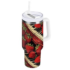 ALAZA Vintage Strawberries Piano Keys Music 40 oz Tumbler Water Bottle with Straw Lid and Handle,Reusable Insulated Stainless Steel Cup for Women Men Travel Car Cup Holder