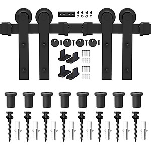 WINSOON Sliding Barn Door Hardware Double Door 10ft Track Kit with Black Sliding Barn Door Floor Guide Wall Mounted Hardware for Flush Bottom Adjustable Stay Rollers, Set of 2,8 Setup Options