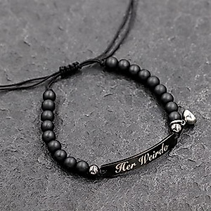 Uloveido His Crazy Her Weirdo Couple Bracelets Stainless Steel ID and Natural Beads Handmade Braided Rope Bracelet Set for Men Women Adjustable (His Crazy Her Weirdo)