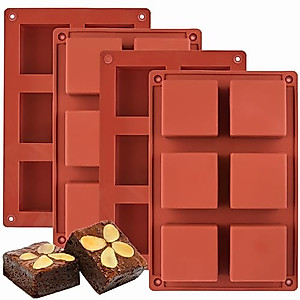 JOERSH Silicone Square Molds 4 Pack 6-Cavity All Edges Brownie Pan Non-Stick Silicone Baking Pans for Brownie Bites, Square Cupcake, Mini Muffin Cakes