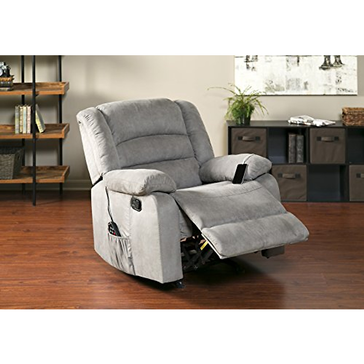 Relaxzen Longstreet Rocker Recliner with Massage, Heat and Dual USB Ports, Microfiber, Gray
