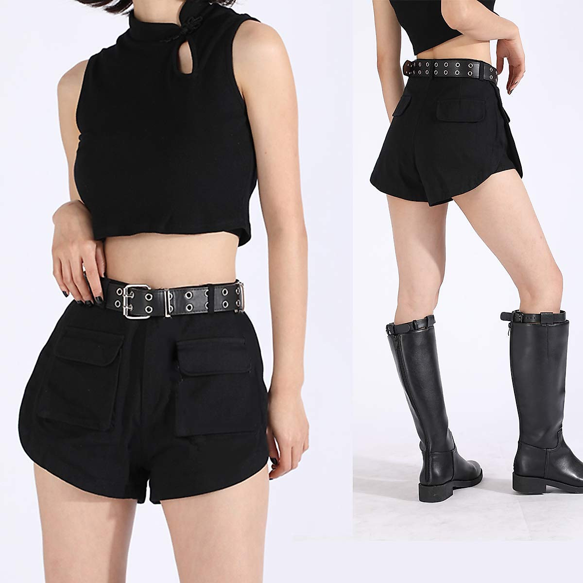 XZQTIVE Double Grommet PU Leather Belt for Women/Men Punk metal Jean Belt Wide 1.5 Inch, Black, Fit Pants 22-35 inch