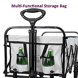 DYD Extended Folding Utility Wagon, 330LBS Heavy Loaded Collapsible Garden Cart with Anti-Slip Wheels, Adjustable Handle and Side Pockets, Large, White, Picnic, Beach, Camping, X-Large