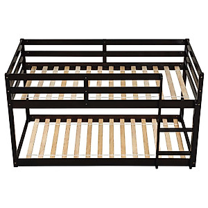 Anwick Twin Over Twin Low Bunk Bed with Stairs and Rails, Wooden Bunk Beds Frame with Safety Guardrail and Slats for Toddlers, Kids, Teens, Boys, Girls, Noise-Free (White) (Black)