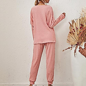 Sruiluo Two Piece Comfy Pjs Sets Crewneck Knitted Long Sleeve Sleepshirt and Drawstring Cinch Bottom Pants Casual Homewear Pink