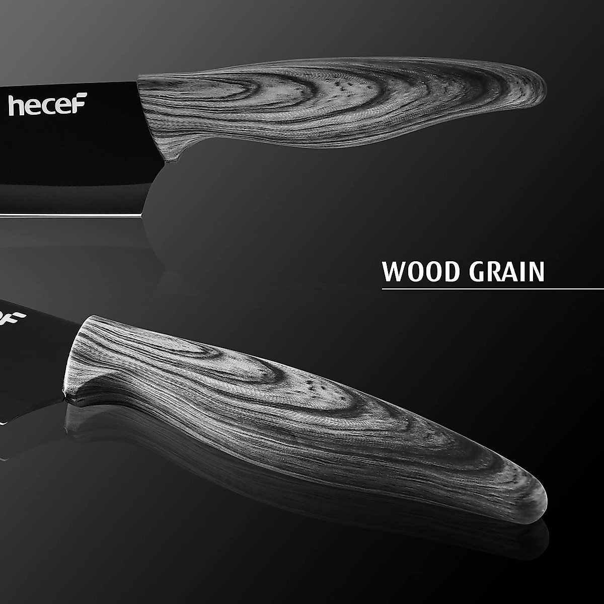 hecef 5 PCS Non-stick Coated Kitchen Knife Set with PP Handle and Protective Sheath, Exclusive Black Chef knife set, Scratch Resistance & Rust Proof (Wood Grain)