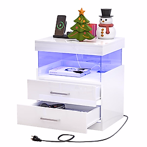 DMIDYLL High Glossy LED Nightstand, White Night Stand with Charging Station and LED Lights, Wood Night Stand with Drawers & Open Shelf, Smart Nightstand for Bedroom