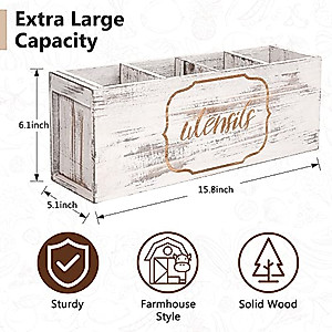 Yumkfoi Extra Large Utensil Holder with 4 Compartments, Wooden Farmhouse Utensil Organizer for Kitchen Counter, Rustic Cooking Utensil Holder Countertop Utensil Crock Spatula Holder (Distressed White)