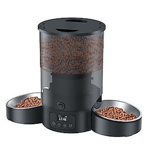Automatic Cat Feeder for 2 Cats, 3L Cat Food Dispenser SURDY Auto Cat Feeder with 2 Stainless Bowls, 10s Meal Call Dual Power Supply and Timer Setting 12 Portions 6 Meals Per Day for Cats and Dogs