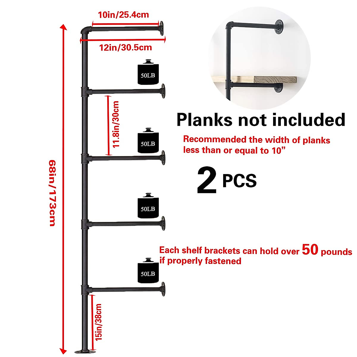 Industrial Wall Mount Iron Pipe Shelf, 5 Shelves Shelving Bracket Black Vintage Retro Ceiling Hung shelf DIY Open Bookshelf Storage for offcie Room Kitchen (2PcsX5Tier,68" Tall,10"deep,Hardware Only)