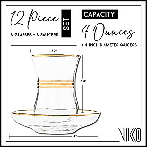 Vikko Turkish Tea Glasses & Saucers, 4 Oz Authentic Turkish Tea Cups,Set of 6 Clear Glass Tea Cups And Saucers, Gold Accented Turkish Tea Cup Set, 6 Cups and 6 Plates