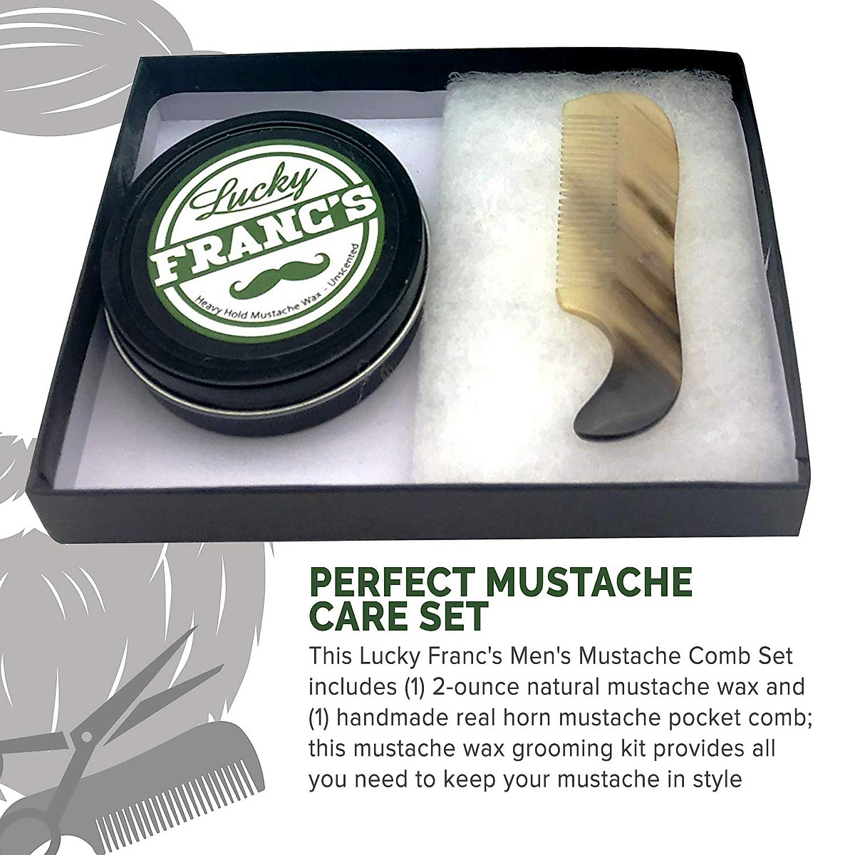 Lucky Franc's 2 oz. Strong Hold Mustache Wax and Real Ox Horn Comb Grooming Set. Wax that Stache in Style. Unscented Natural Moustache Wax and Stache or Beard Comb. Handmade Gift Set for Men