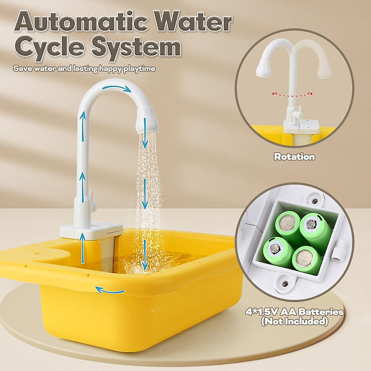 SINOMARS Play Sink with Running Water, Toddler Sink Toy with Automatic Water Cycle System,Fishing Game,Dish Rack and Play Food, Pretend Play Kitchen Sink Toy Dishwasher for Boys Girls toddlers 1-3