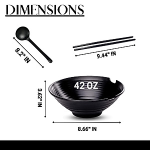 MORGY Unbreakable Set of 2 Ramen Bowls with chopsticks and Spoons- 42 OZ Japanese Style Black Noodle Soup Bowls Set- Asian Soup Bowl for Ramen, Pho, Salad, Poke, Soup, Chopstick Holders