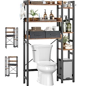 Over The Toilet Storage with 2 Drawers - 7 Tier Bathroom Organizer with Adjustable Shelf, Freestanding Space Saver Storage Rack Above Toilet Stand with 4 Hooks for, Restroom, Laundry, Rustic Brown