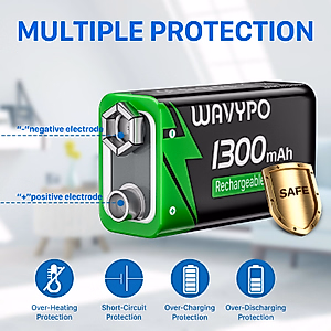 9V Rechargeable Batteries, 1300mAh 9 Volt Lithium-ion Batteries Long Lasting 9V battery with 2 in 1 USB-C Fast Charging Cable for Smoke Detector Alarms, Microphone, Toys, walkie-Talkie etc (4 Pack)