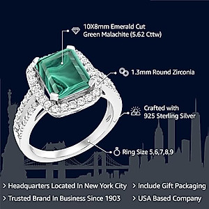 Gem Stone King 925 Sterling Silver Emerald Cut Green Malachite Ring For Women (5.62 Cttw, Available In Size 5, 6, 7, 8, 9)