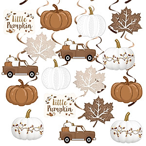 K KUMEED Fall Party Hanging Swirls Decorations,20Pcs Little Pumpkin Ceiling Hanging Decorations,Boho White Pumpkin Leaf Truck Cutouts for Home Autumn Theme Baby Shower Harvest Decor Party Supplies