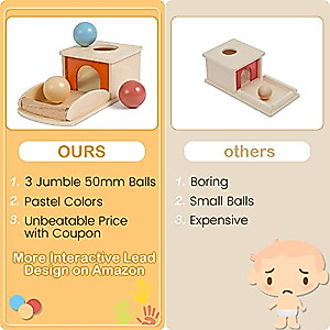 Zeoddler Object Permanence Box with Tray 3 Balls 50 mm, Montessori Toys for 1 Year Old, Wooden Toys for Toddlers, Preschool Learning Activities, Gift for Girls Boys