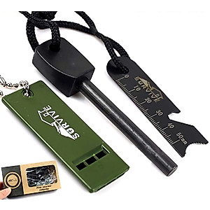 Fire Starter Stick with Striker Lanyard and Whistle Waterproof Flint Fire Steel Survival Lighter for Camping Hiking Backpacking Gear Survival Ferro rods Tool kit Keychain Campfires Waterproof (Black)