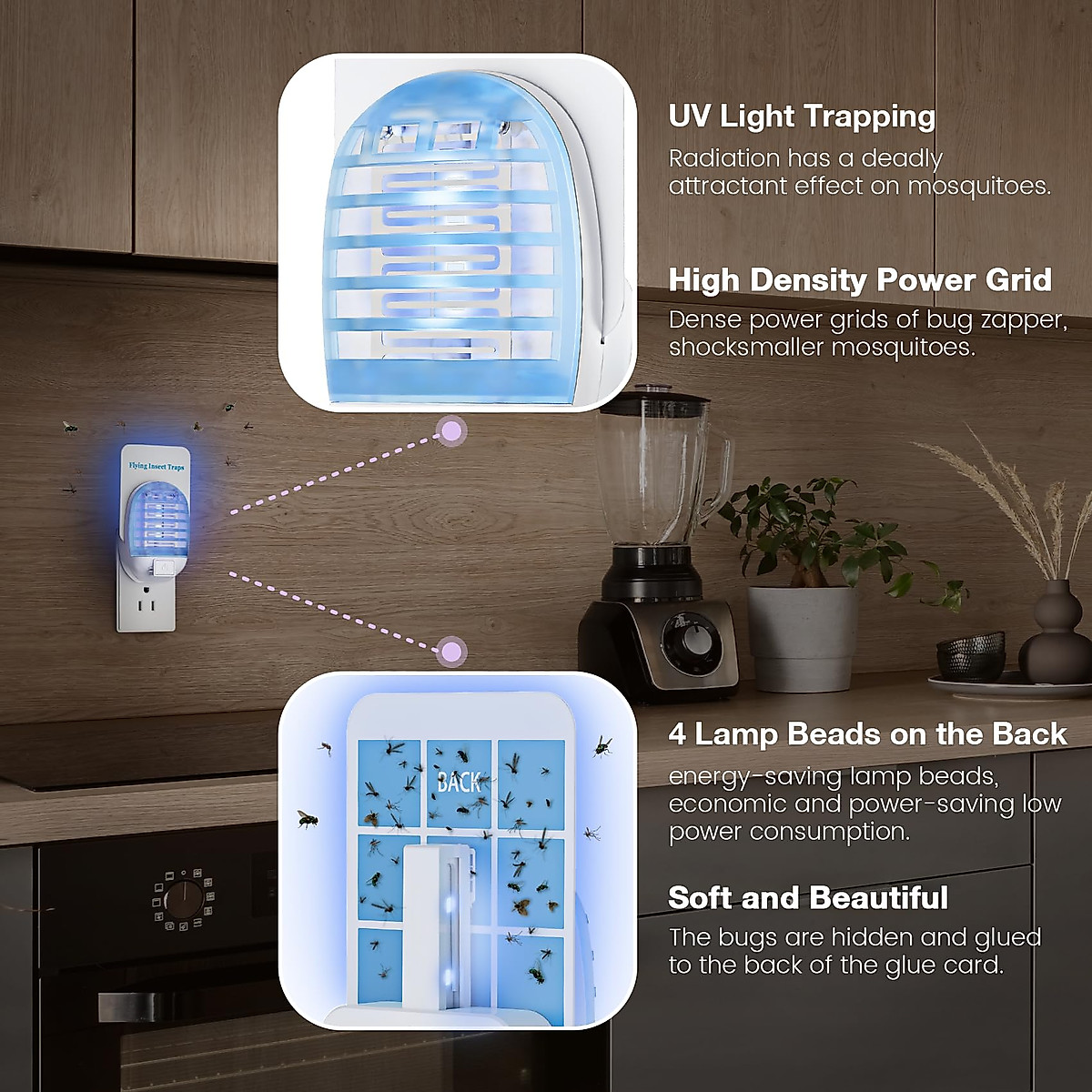 Flying Insect Trap 2 Devices+6 Refills, Bug Zapper+Insect Trap for Home,Kill Grid & Glue Dual Efficacy Mosquito Killer,Plug-in Fly Traps for Flies, Fruit Flies, Moths, Gnats, and Other