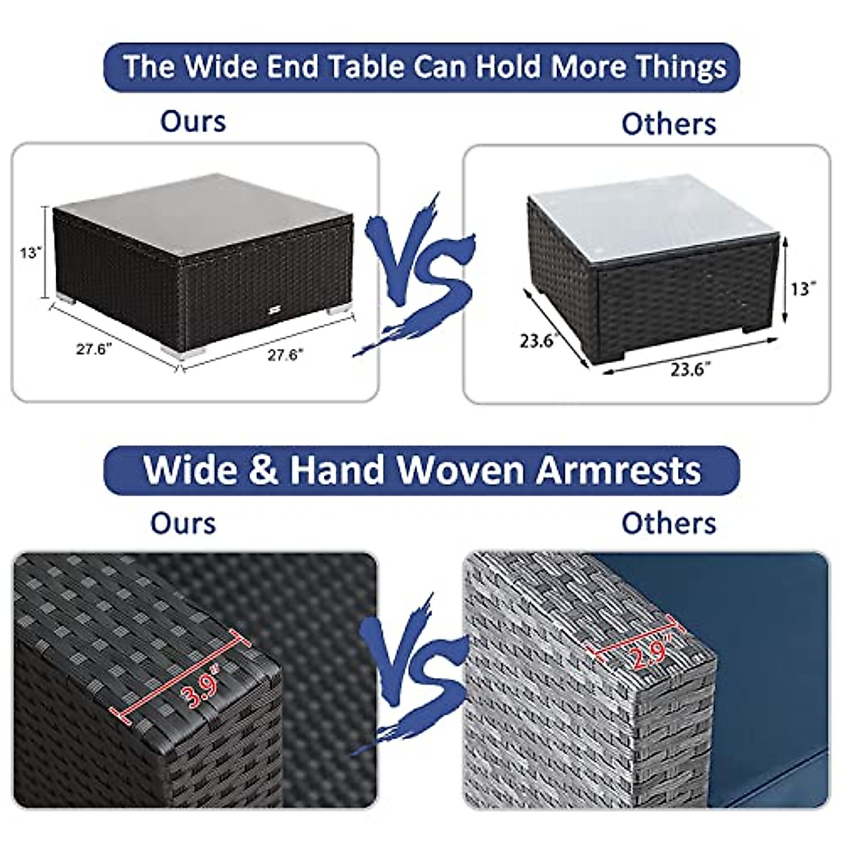 J-SUN-7 7 Pieces Outdoor Patio Furniture Set, All Weather Black PE Rattan Wicker Sofa Set, Sectional Furniture Sofa Couch Set with Dark Blue Cushions and Glass Table for Garden Porch Poolside