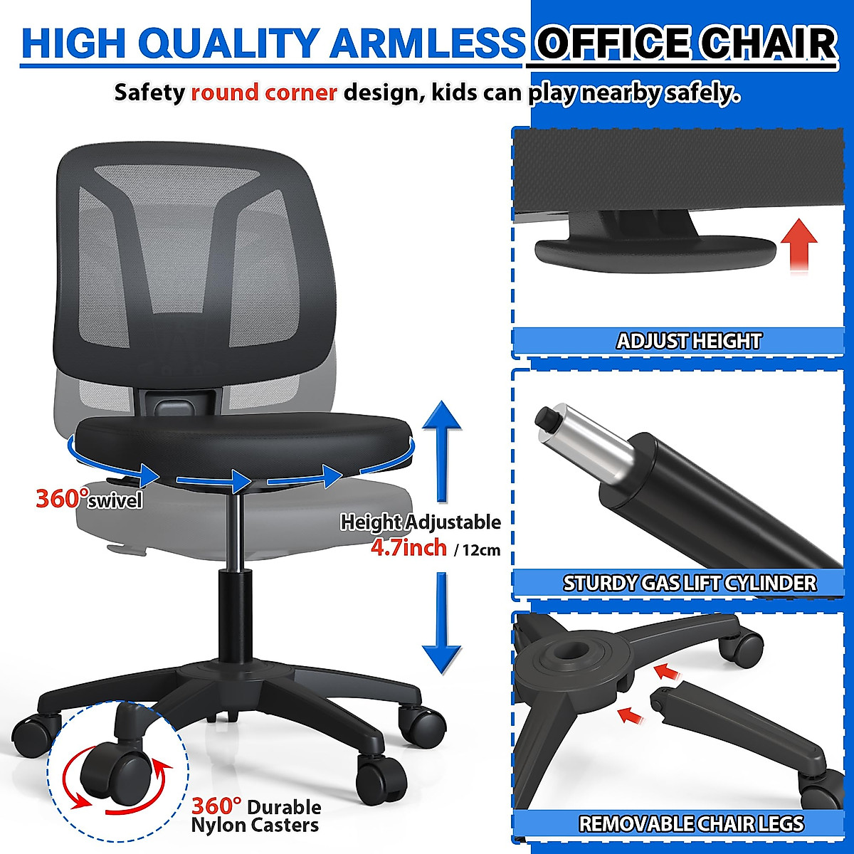 TTD TIANTIANDA Armless Swivel Mesh Computer Office Desk Chair Height Adjustable with Lumber Support for Small Spaces, Black