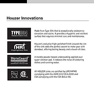 Houzer Stainless Steel 2522-9BS4-1 Glowtone Series Kitchen Sink - Topmount Single Bowl Basin Drop In, 4 Faucet Holes for Side Sprayer or Soap Dispenser, 9-Inch Deep, Ideal Workstation RV