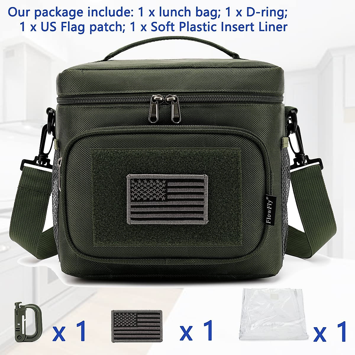 FlowFly Tactical Lunch Bag Large Insulated Lunch Box Cooler Tote for Men, Women with MOLLE/PALS Webbing (Army#Green, Medium)