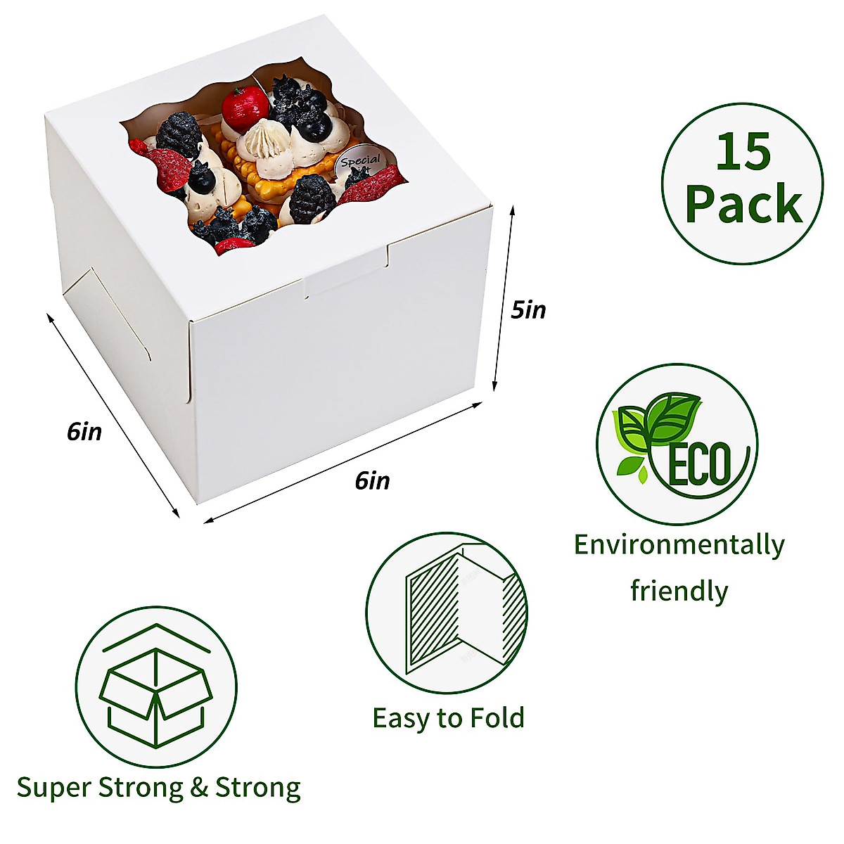 Moretoes 15pcs Bakery Boxes, 6x6x5in Small Cake Boxes Cookie Boxes with Window, White Cupcake Boxes Treat Boxes for Dessert Pastries