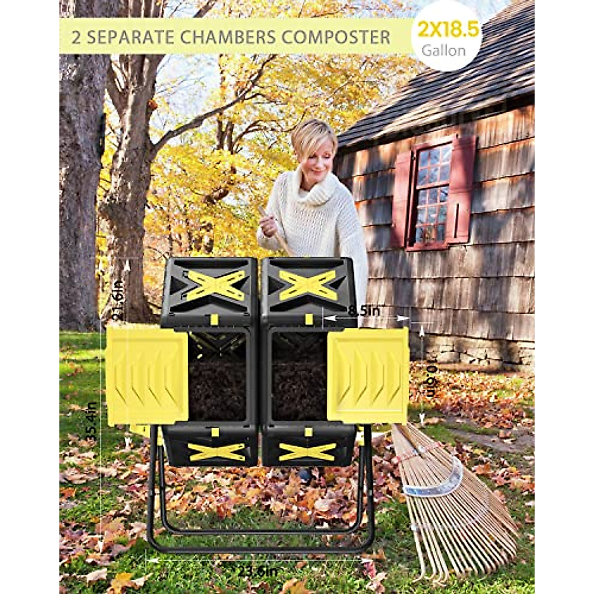 2 X 18.5 Gal Dual Chamber Compost Tumbling Bin from BPA Free Material - Outdoor Rotating Chamber Composters，with Easy-Turn, Fast-Working System for Garden/Patio