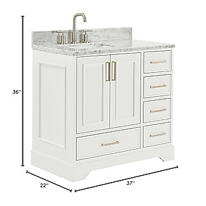 ARIEL Stafford 37 Inch Bathroom Vanity with Sink, White Bathroom Vanity, Solid Wood Vanity Base Cabinet, Carrara Marble Countertop, Left Rectangular Undermount Sink, 2 Soft Closing Doors, 5 Drawers