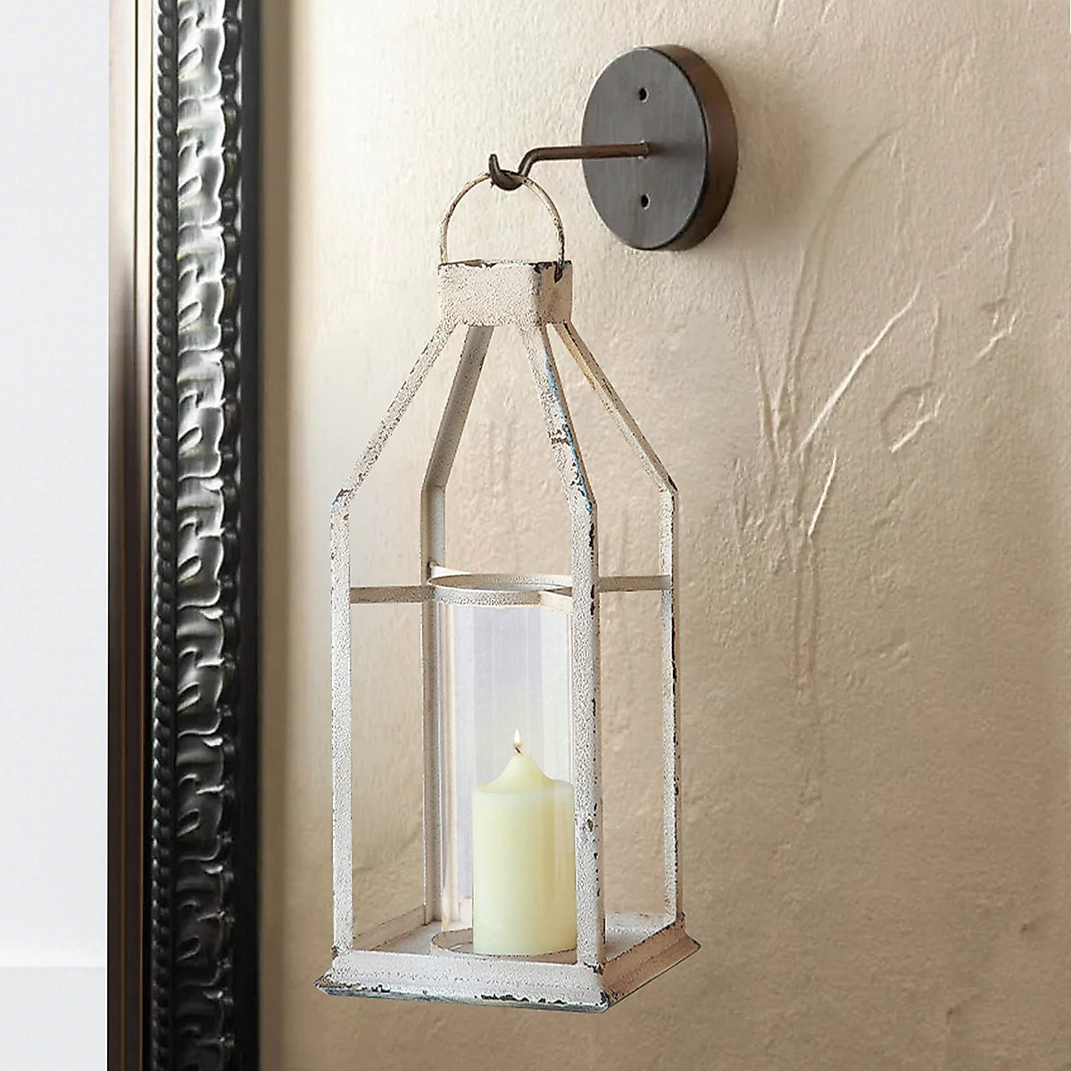 Farmhouse White Metal Lanterns 21" Decorative Hanging Candle Lantern, Rustic Distressed Candle Holder Outdoor Lanterns for Front Porch Floor, Patio or Wedding