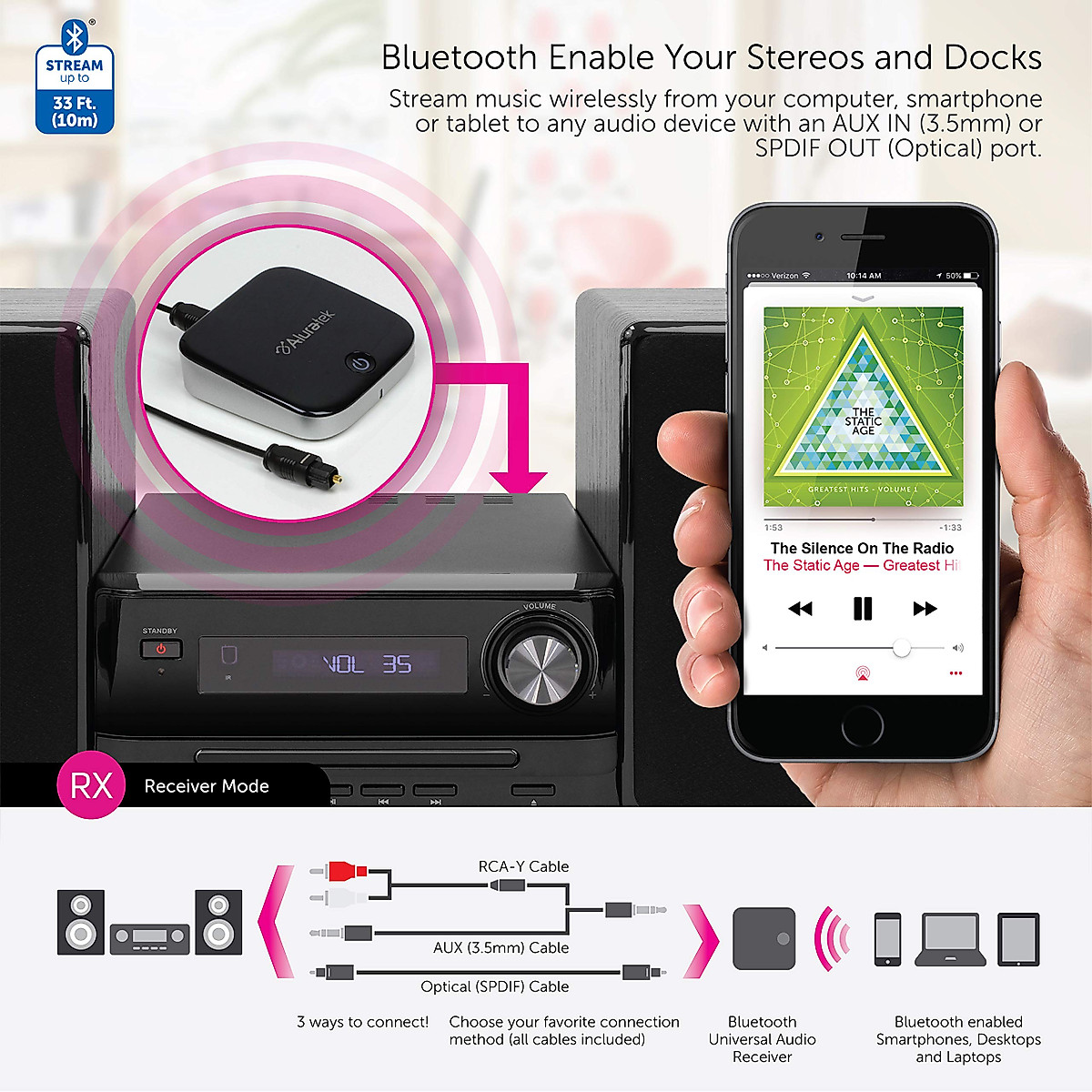 Aluratek ADB1B Bluetooth Audio Receiver and Transmitter, 2-in-1 Wireless 3.5mm, AUX, Optical Audio Adapter, Pairing with 2 Bluetooth Headphones Simultaneously in Transmitter Mode, Small
