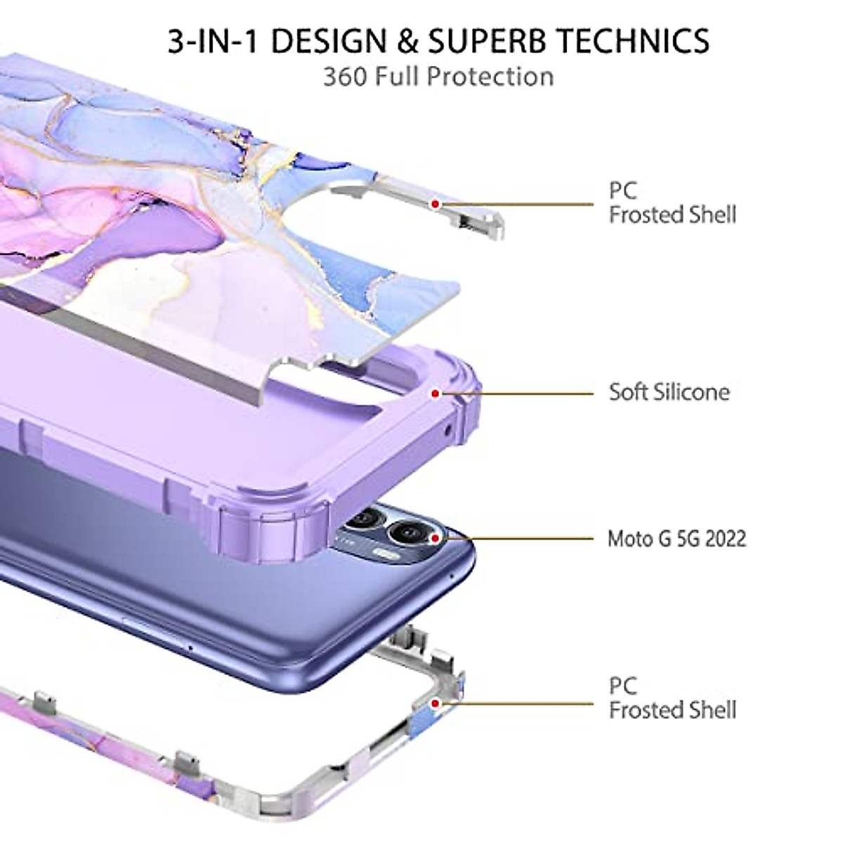 Hekodonk for Moto G 5G 2022 Case,Heavy Duty Shockproof Protection Hard Plastic+Silicone Rubber Hybrid Protective Case for Moto G 5G 2022 Purple Marble