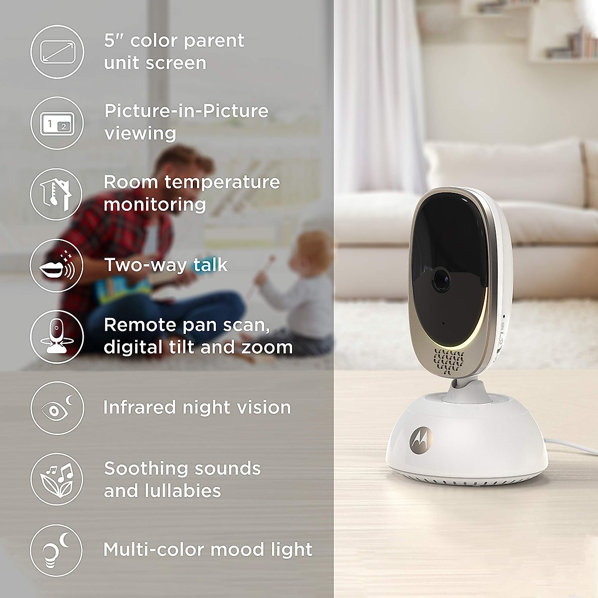 Motorola Connect85-2 Video Baby Monitor – 5’ Parent Unit and WiFi HD Viewing – Two Cameras with Mood Light, Remote Pan Scan, Digital Tilt/Zoom, 2-Way Talk, Night Vision, Temp Sensor