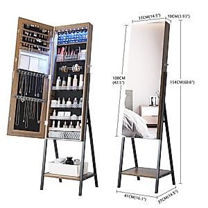 Lvifur LED Jewelry Armoire Freestanding, 3 Color Dimmable 47.2'' Full Length Mirror Large Capacity Jewelry Organizer Armoire, Lockable Floor Standing Mirror All in One for Bedroom (47.2'' Wooden)