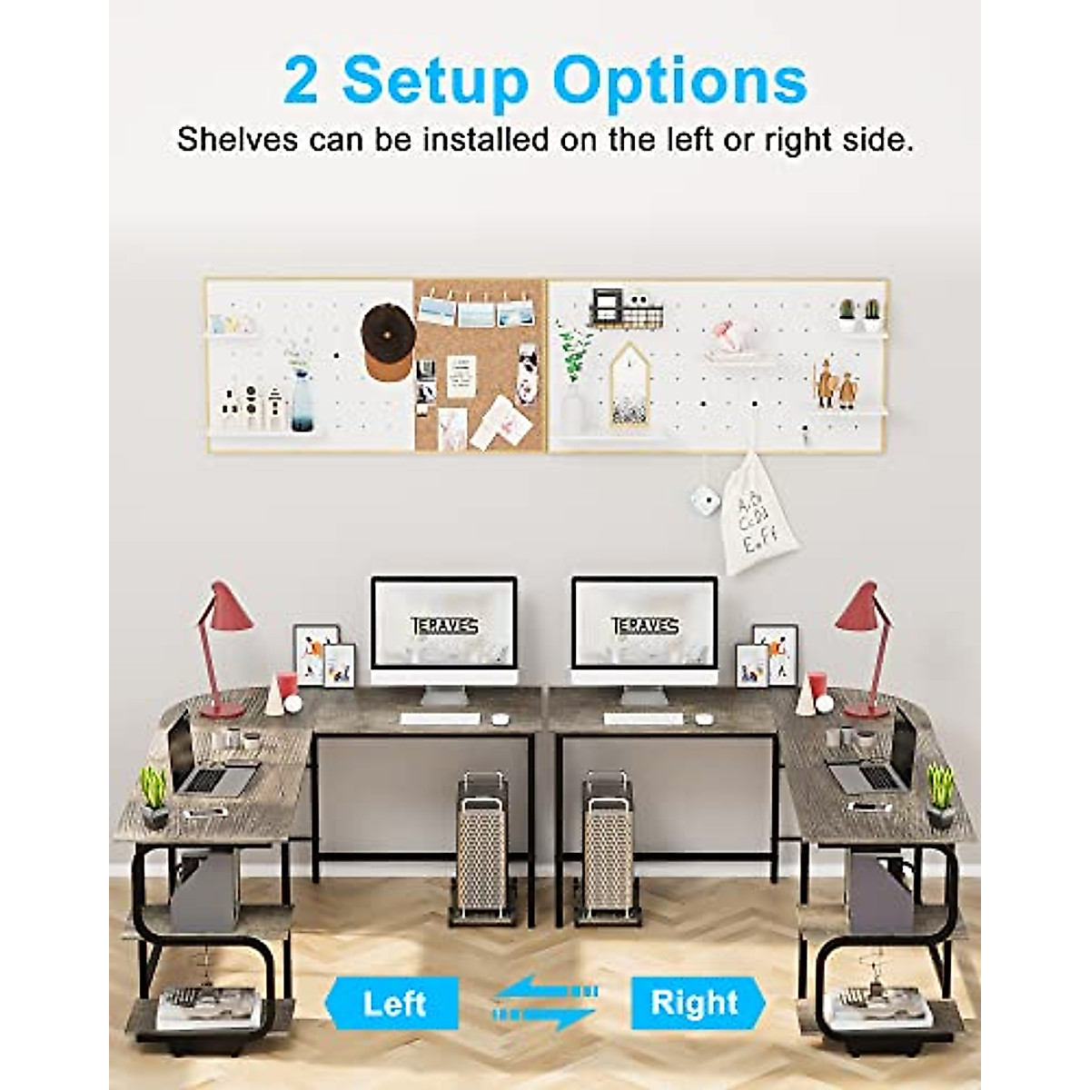 Teraves 64.84" Modern L Shaped Desk with Shelves and 69 inch Reversible L Shaped Corner Gaming Desk with Storage Shelves