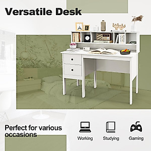 GLOBALWAY48” Computer Desk, Study Writing Desk with 5-Cube Hutch, 2 Drawers & Charging Station, Home Office Workstation for Living Room, Study & Bedroom, White