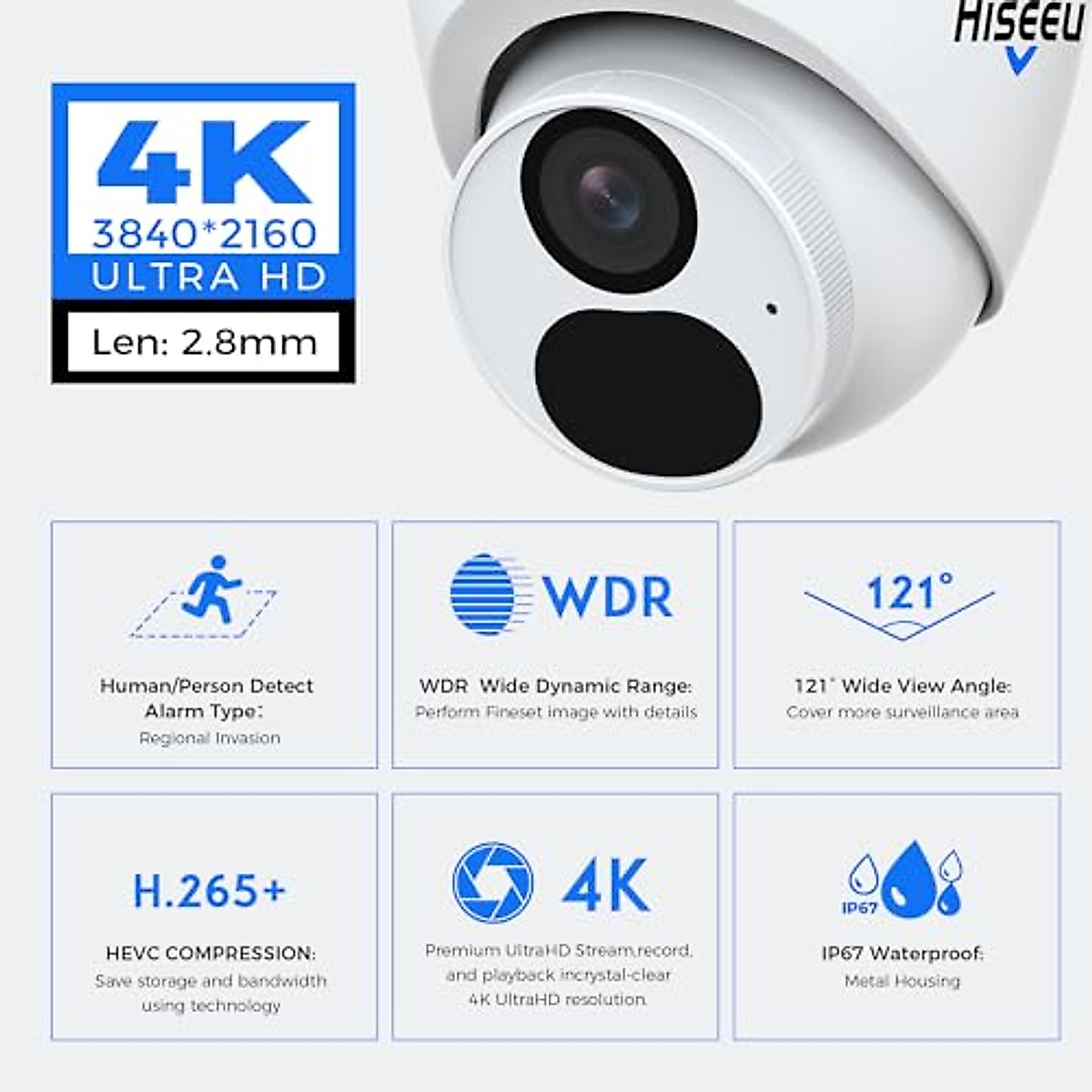 Hiseeu [ 121°Wide View Angle 4K PoE Security Camera,8MP IP Security Camera IP67 Waterproof,Dome Security Camera Outdoor,H.265+ 100ft Night Vision, Work w/PoE NVR Home Surveillance System