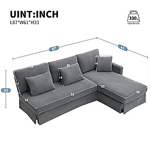 Merax 87" L-Shaped 4-seat Corduroy Sofa with Reversible Chaise, Convertible Sleeper Couch with Pillows, Modern Upholstered Sectional Indoor Furniture for Living Room,Apartment, Gray