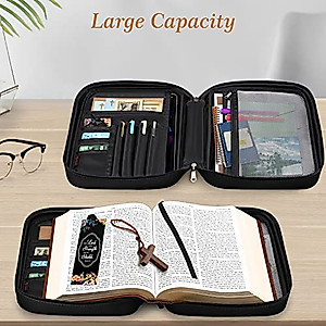 Floral Bible Cover w/A Bookmark, FINPAC Carrying Book Case Church Bag Bible Protective with Handle and Zippered Back Pocket, Perfect Gift for Girls Women Mother Kids (Black)