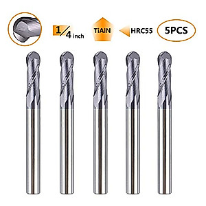 SpeTool 5PCS Ball Nose End Mill Cutter CNC Router Bits Double Flute HRC55 Spiral Milling Tool 1/4 Inch Shank 2-1/2 Inch Length OVL