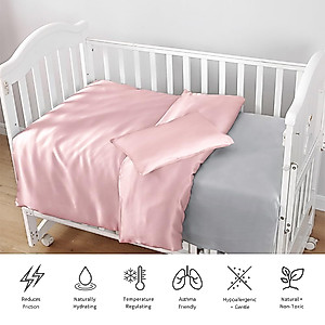 PROMEED Real 22 Momme Silk Baby Crib Duvet Cover Set with Toddler Size Silk Pillowcase, 100% Grade 6A Natural Mulberry Silk Crib Bedding Sets for Boys/Girls (Pink, Crib)