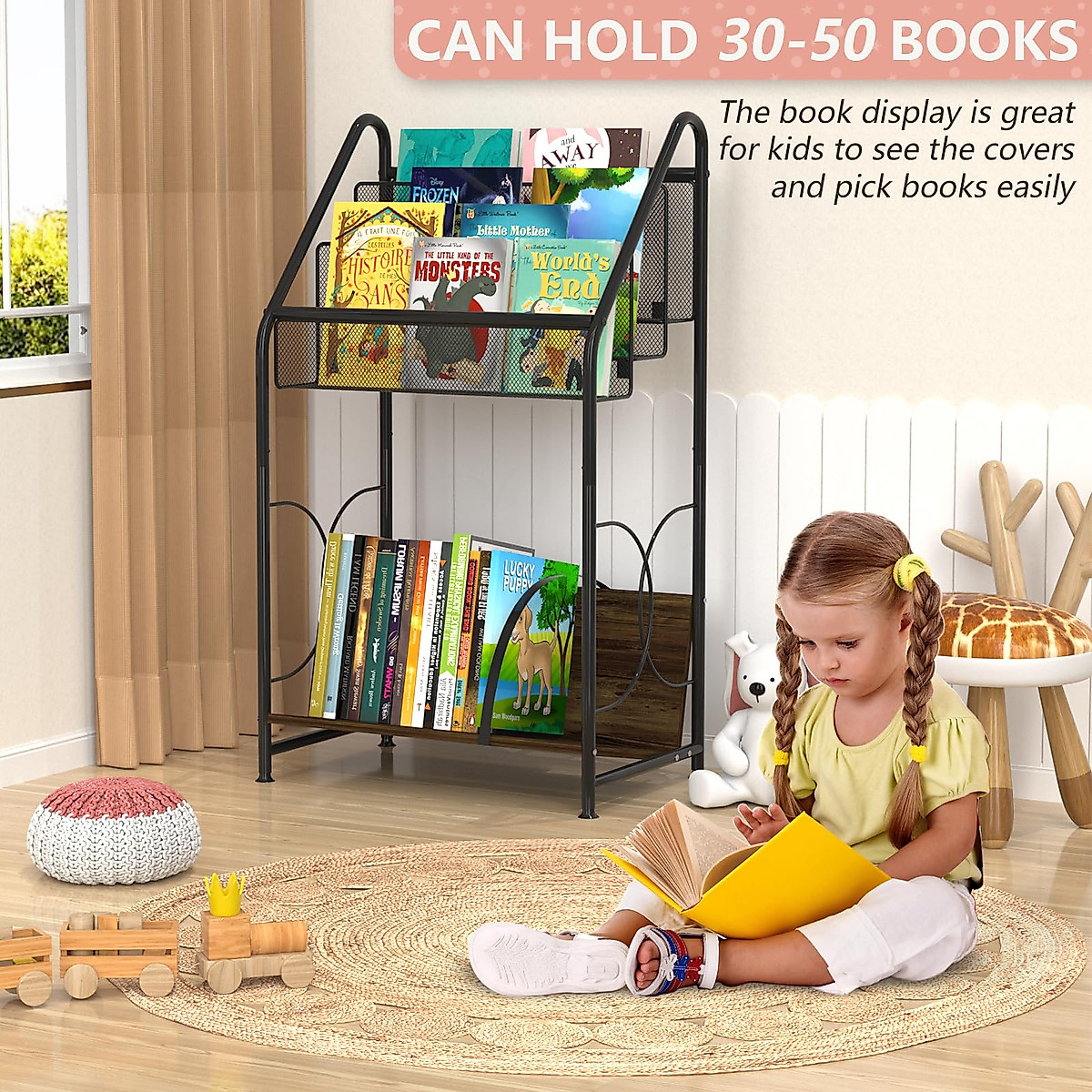 VyGrow Bookshelf, 4-Tier Metal & Wood Rolling Book Cart on Wheels, Record Cabinet for Book Magazine Turntable, Record Holder Up to 100 Albums, Multifunction Utility Cart, Black