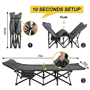 ATORPOK Camping Cot for Adults with Cushion and Pillow, Portable Folding Bed for Sleeping, Lightweight Tent cot with Carry Bag Supports 450 lbs (Grey)